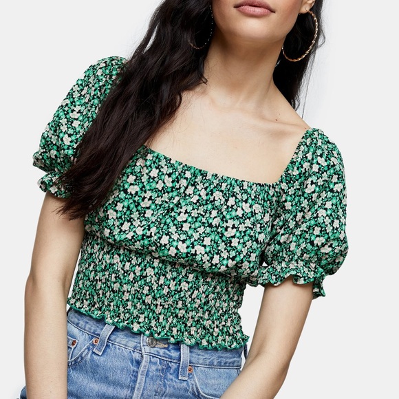 Topshop | Tops | Topshop Floral Puff Sleeve Crop Top Green Multi | Poshmark
